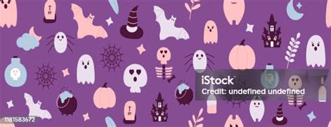 플랫 종이 컷 스타일의 할로윈 원활한 패턴 밤 파티 아이콘입니다 무서운 유령 호박 유령의 집 박쥐 무덤 두개골 해골 거미 그물