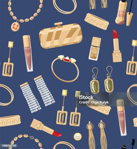 패션 액세서리 원활한 패턴 목걸이 화장품 팔찌 귀걸이 및 클러치 백이있는 보석 금 액세서리의 플랫 스타일 벡터 벡터 일러스트레이션 패션 여성 컬렉션 0명에 대한 스톡 벡터