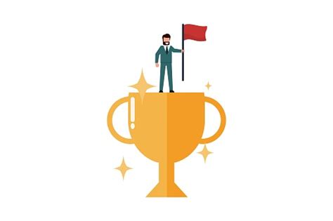 트로피에 깃발을 들고 있는 승리한 사업가 경력 성공 개념 사업의 승리 또는 성공 승리 또는 상금 획득 리더십 성공 벡터 일러스트 레이 션 평면 디자인 스타일