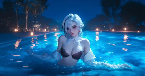 K Hd Wallpaper Arlecchino From Genshin Impact Resting By Pool