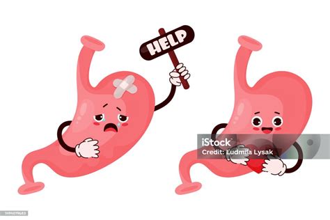 귀여운 만화 위 행복하고 불행한 아픈 인간 장기 캐릭터가 도움을 요청합니다 디자인 및 장식 의료 테마를 위한 평면 만화 스타일의 벡터 그림 가공의 인물에 대한 스톡 벡터