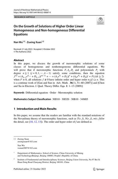 Pdf On The Growth Of Solutions Of Higher Order Linear Homogeneous And Non Homogeneous