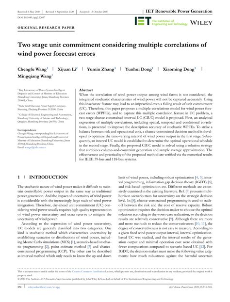 Pdf Two Stage Unit Commitment Considering Multiple Correlations Of