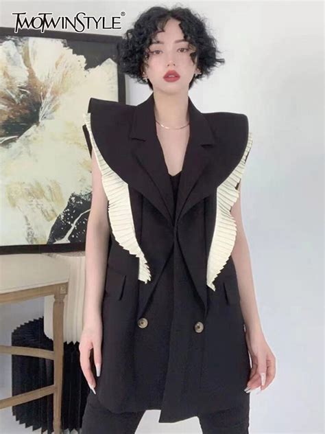 Twotwinstyle 여성용 패치워크 러플 조끼 라펠 반팔 더블 브레스트 패치워크 포켓 조끼 여성 2022 스타일