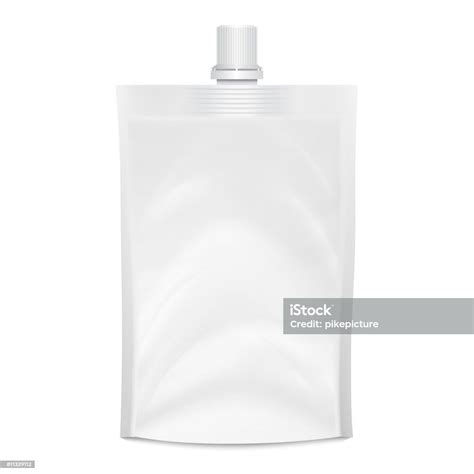 빈 Doypack 벡터입니다 현실적인 흰색 Doy 팩 음식 또는 음료 유연한 주머니 가방 코너 주 둥이 뚜껑으로 포장 제품 포장 디자인에 대 한 서식 파일을 비웃는 다 고립