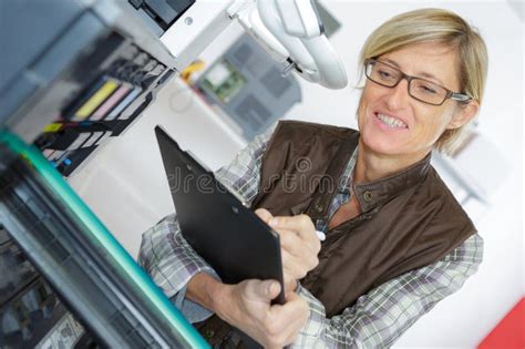 Positive Joyful Woman Checking Printer Stock Photo Image Of Designer Printing