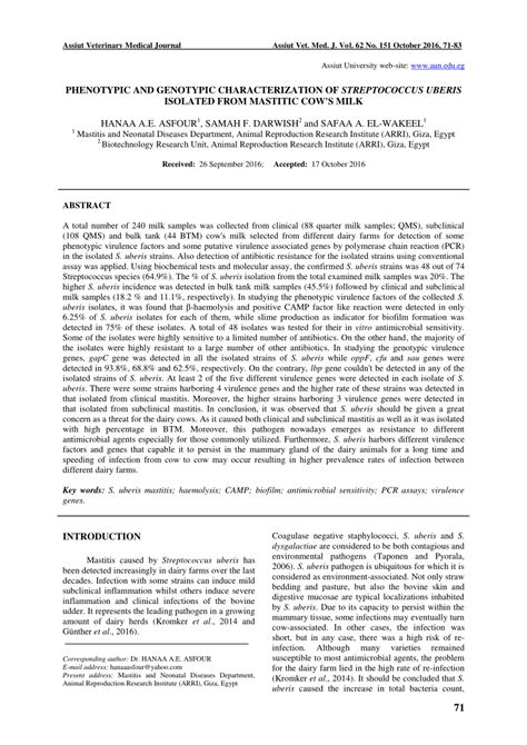 Pdf Phenotypic And Genotypic Characterization Of Streptococcus Uberis