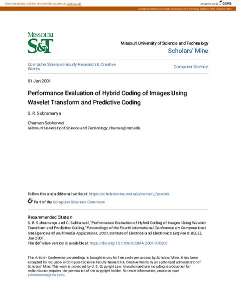 Pdf Performance Evaluation Of Hybrid Coding Of Images Using Wavelet Transform And Predictive