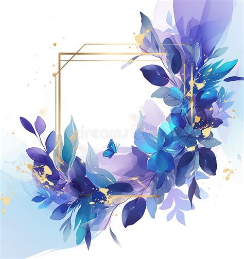 A Blue And Purple Flowery Frame Border Design With Gold Accents Stock