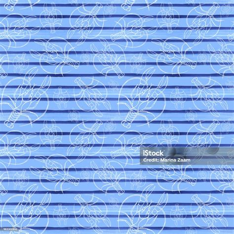 해양 테마 암 랍스터 파란 줄무늬 파도 바다 강 대 완벽 한 패턴의 수채화 그림 줄무늬 배경 여름 패턴 디자인 및 장식 0명에