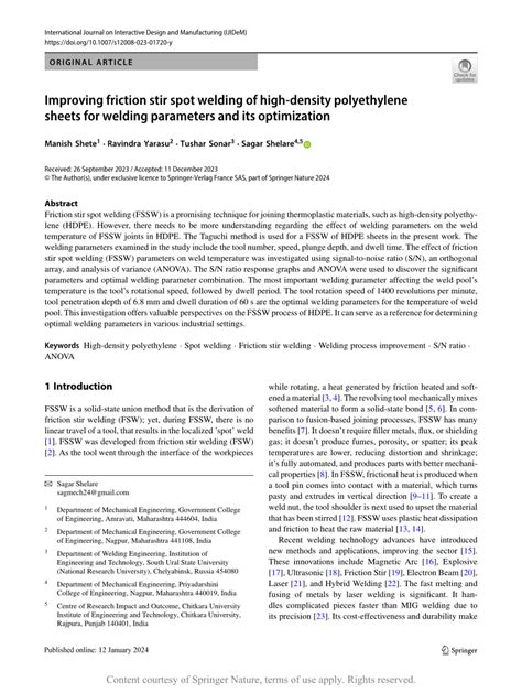 Improving Friction Stir Spot Welding Of High Density Polyethylene Sheets For Welding Parameters