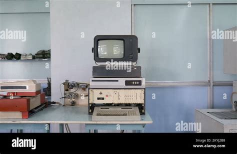 Old Computer With Crt Monitor With Keyboard In Classroom Concept