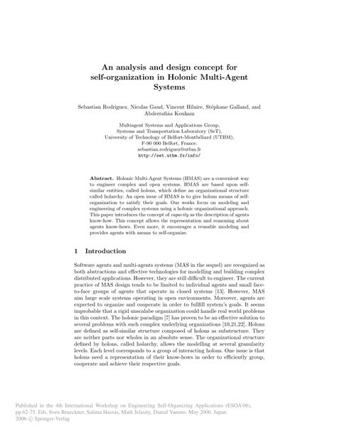 Pdf An Analysis And Design Concept For Self Organization In Holonic Multi Agent Systems