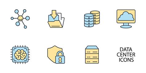 Data Center Cloud Computer Connection Hosting Server Database Icons Set Data Center Cloud