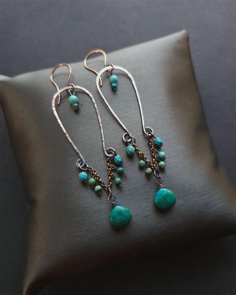Turquoise Gemstone Earrings Copper Wire Wrap Earrings Chrysocolla And