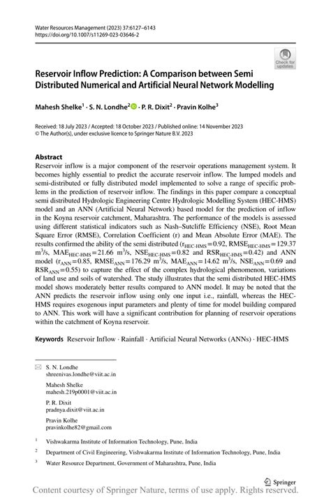Reservoir Inflow Prediction A Comparison Between Semi Distributed Numerical And Artificial