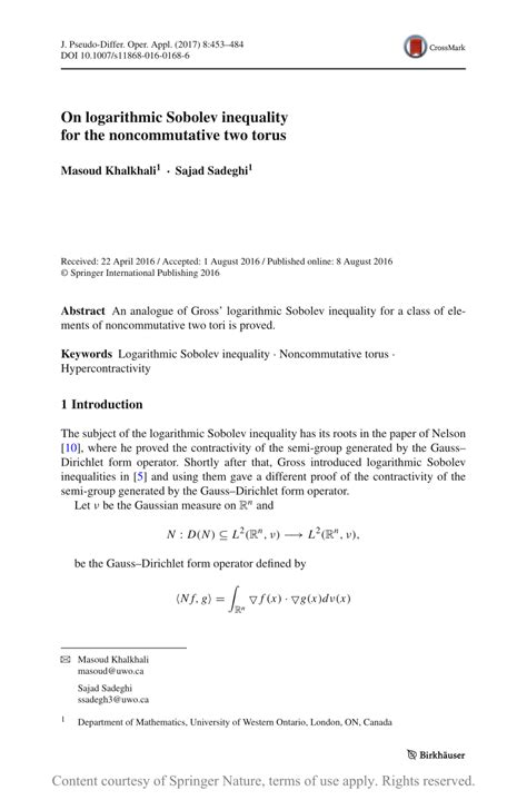 On Logarithmic Sobolev Inequality For The Noncommutative Two Torus Request Pdf
