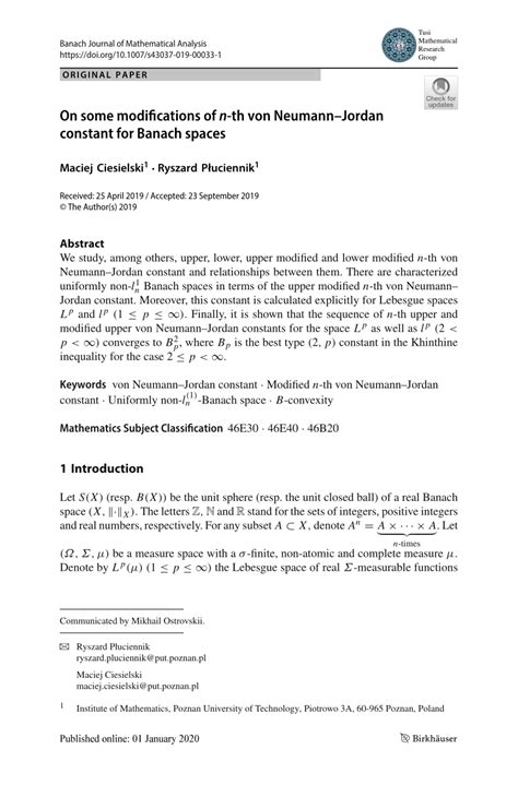 Pdf On Some Modifications Of N Th Von Neumannjordan Constant For Banach Spaces