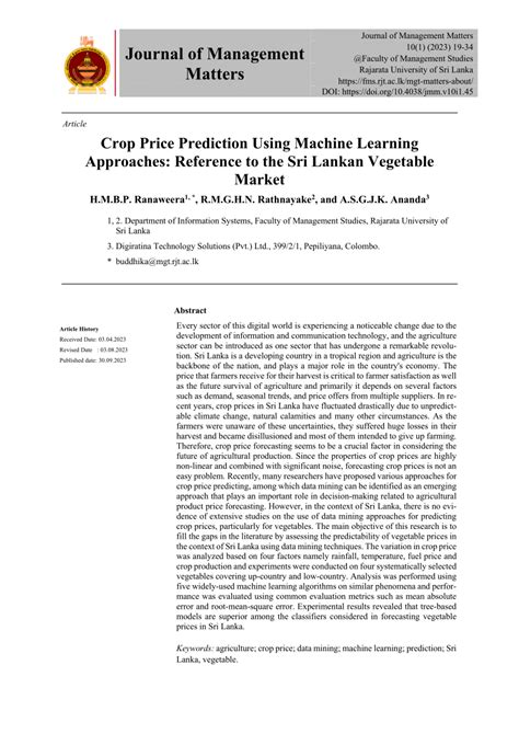Pdf Crop Price Prediction Using Machine Learning Approaches Reference To The Sri Lankan