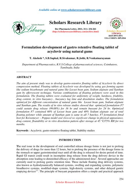 Pdf Formulation Development Of Gastro Retentive Floating Tablet Of Acyclovir Using Natural Gums