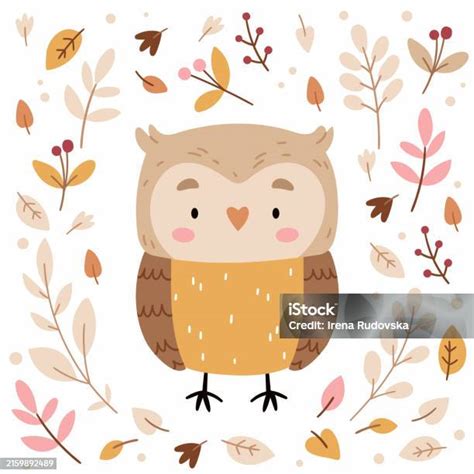 단풍의 한가운데에 스칸디나비아 스타일의 귀여운 올빼미 가을 시즌을 환영합니다 행복 한가을 배경입니다 가을 시즌 배경입니다 포스터 배너 전단지 인사말 카드 10월에 대한 스톡