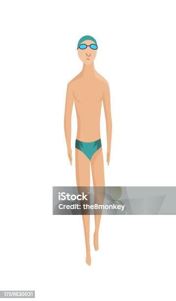 수영복 모자 안경을 착용한 수영 남자의 수영 캐릭터 행동하는 사람들은 포즈를 취하거나 수상 스포츠를 참여시습니다 흰색 배경에 고립 된 만화 스타일의 다채로운 벡터