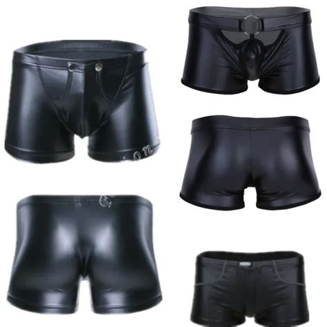 Men Wet Look Faux Leather Front Cut Out Pouch Boxer Briefs Short