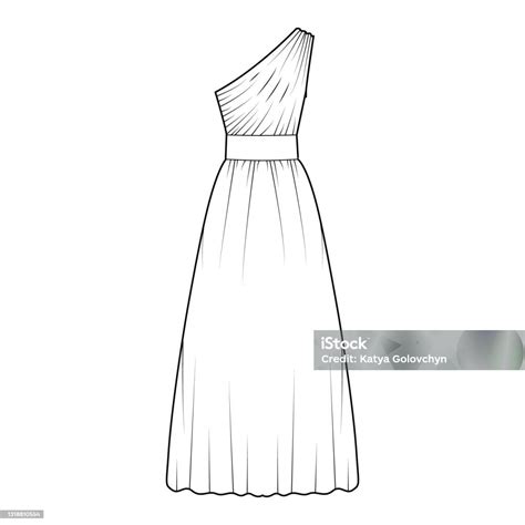 몸에 맞는 원 숄더 테크니컬 패션 일러스트 플로어 맥시 길이 원형 스커트를 입어보십시오 플랫 이브닝 0명에 대한 스톡 벡터 아트 및 기타 이미지 Istock