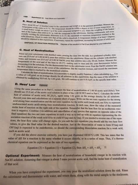 Solved At 17 B Experimental Procedure A Specine Heat