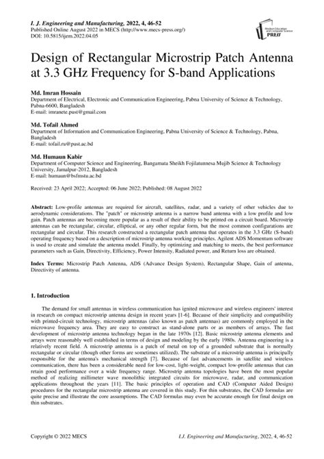 Design Of Rectangular Microstrip Patch Antenna At 3 3 Ghz Frequency For S Band Applications
