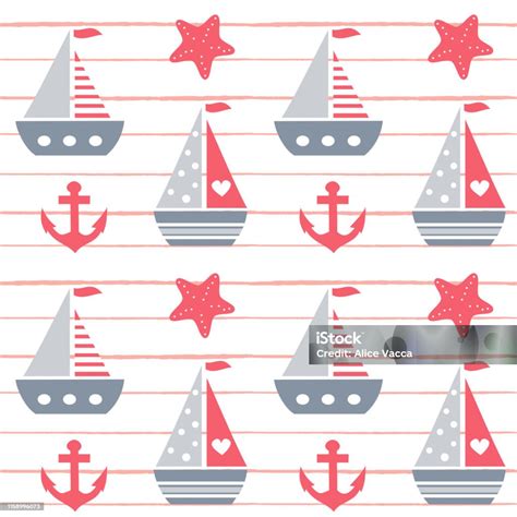 귀여운 사랑스러운 만화 여름 해양 줄무늬 원활한 벡터 패턴 배경 그림 보트 앵커와 불가사리 귀여운에 대한 스톡 벡터 아트 및 기타 이미지 Istock