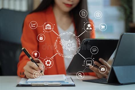 Digital Transformation Technology Strategy Woman Using Laptop Tablet