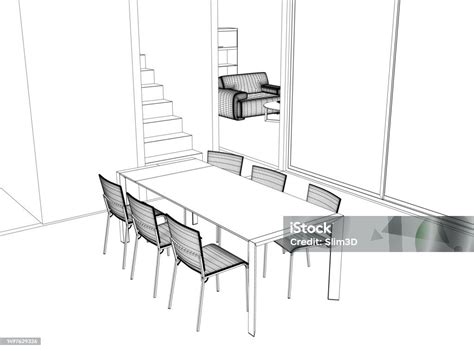 와이어프레임 식당 홈 인테리어 그래픽 블랙 화이트 스케치 일러스트레이션 벡터 와이어프레임 아트 드로잉 스타일의 식탁과 의자