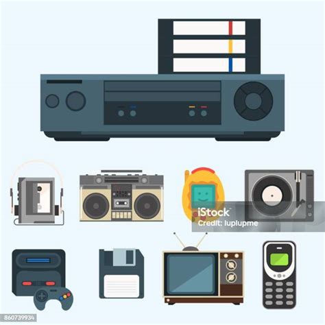 빈티지 기술 복고풍 오디오 멀티미디어 엔터테인먼트 오래 된 전자 가제트 통신 일러스트 벡터 비디오 테이프에 대한 스톡 벡터 아트 및 기타 이미지 비디오 테이프 놀기