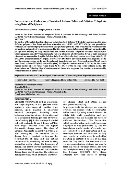 Preparation And Evaluation Of Sustained Release Tablets Of Cefixime Trihydrate Using Natural
