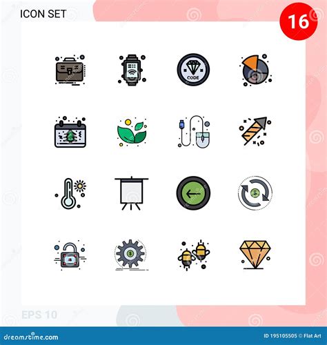 Modern Set Of 16 Flat Color Filled Lines And Symbols Such As Date Share Coding Pie Chart