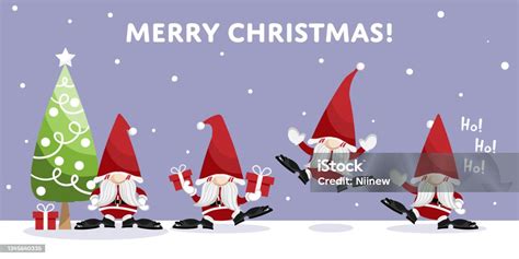 선물 상자 크리스마스 트리와 메리 크리스마스와 눈송이가 있는 호호 텍스트가 있는 플랫 디자인의 산타 클로스 캐릭터 컬렉션 12월에 대한 스톡 벡터 아트 및 기타 이미지