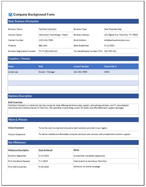 Company Background Form Templates For Excel Download Save