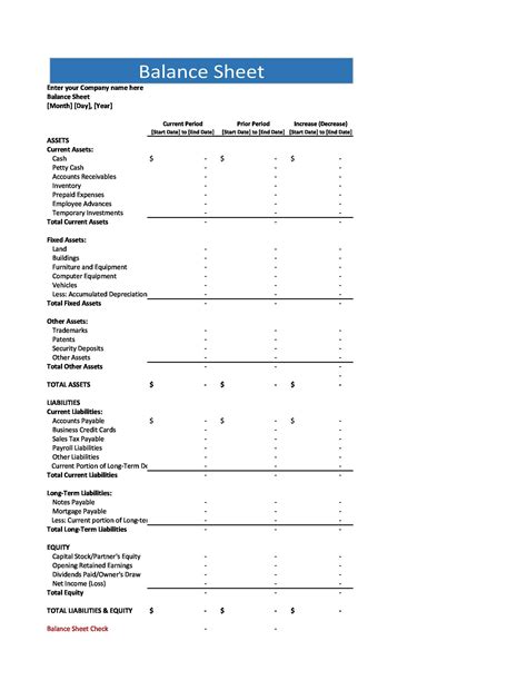 Monthly Balance Sheet Template Free
