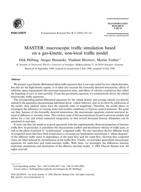 Pdf Master Macroscopic Traffic Simulation Based On A Gas Kinetic Non Local Traffic Model