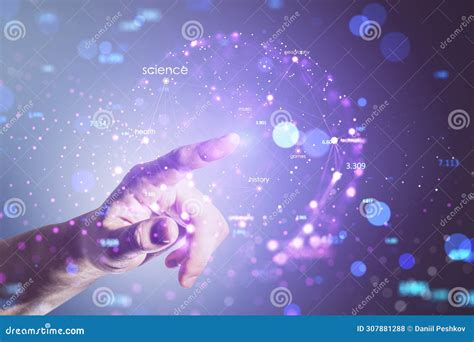 Hand Interacting With Floating Digital Nodes And Connections On A Dark