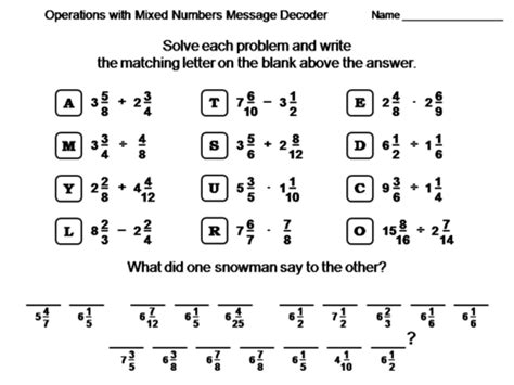 operations with mixed numbers activity math message decoder teaching
