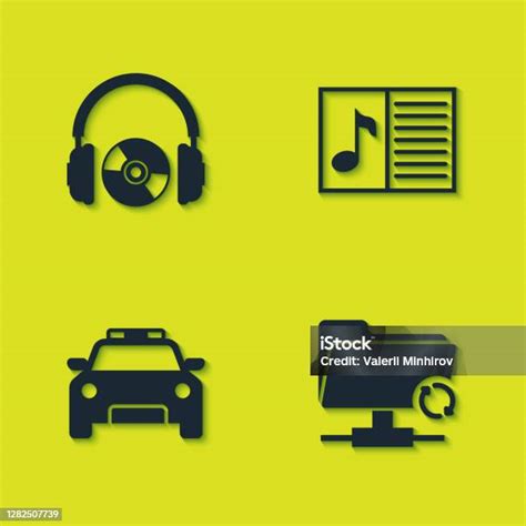 헤드폰 및 Cd 또는 Dvd Ftp 동기화 새로 고침 경찰 차 점멸기 및 메모 아이콘음악 책을 설정합니다 벡터 검은색에 대한 스톡 벡터 아트 및 기타 이미지 Istock