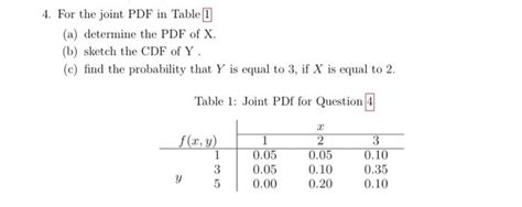 solved 4 for the joint pdf in table 1 a determine the pdf