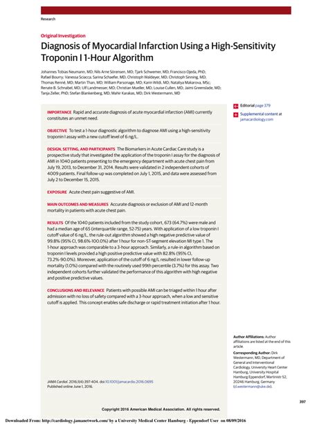 Pdf Diagnosis Of Myocardial Infarction Using A High Sensitivity