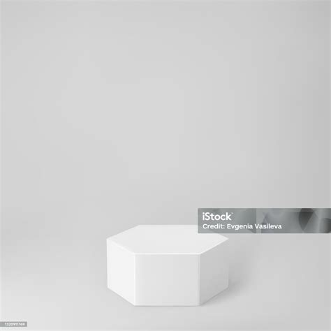 회색 배경에 고립 된 관점과 흰색 3d 육각 연단 육각형 모양 기둥 빈 박물관 무대 또는 받침대에서 제품 연단 모형 3d 기본 기하학적 모양 벡터 일러스트레이션 받침대에