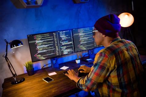 Profile Photo Of Clever Hacker Guy Sitting Chair Keyboard Typing Database Optimization Evening