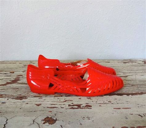 Vintage Jelly Shoes 1980s Jellies Bright Red Woven Flats Jelly