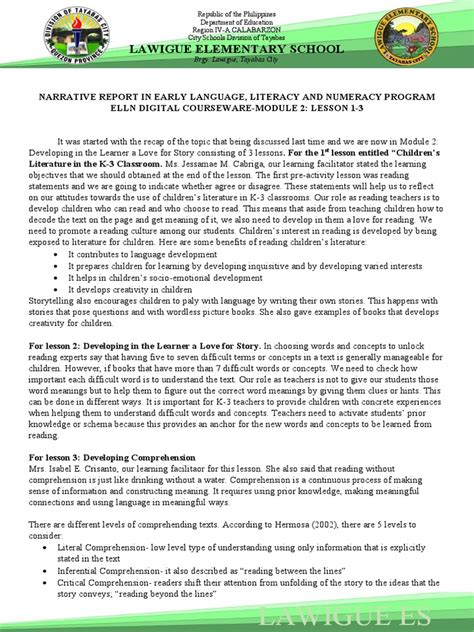 Narrative Report In Elln Pdf Reading Comprehension Teachers