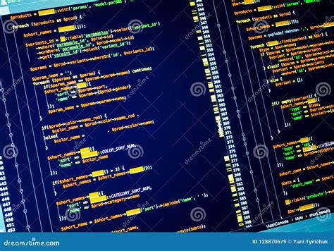 lines of php code on the screen close up web developing of the site using php language stock
